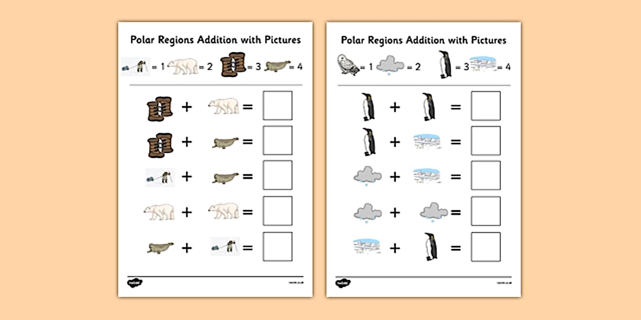 Black and White Polar Regions Themed Addition with Pictures Worksheet Pack