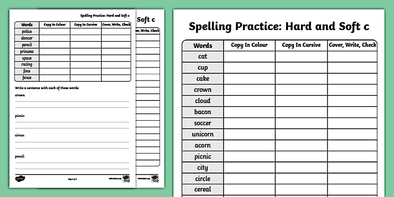 Grade 3 Hard and Soft c Spelling Practice Sheets - Twinkl
