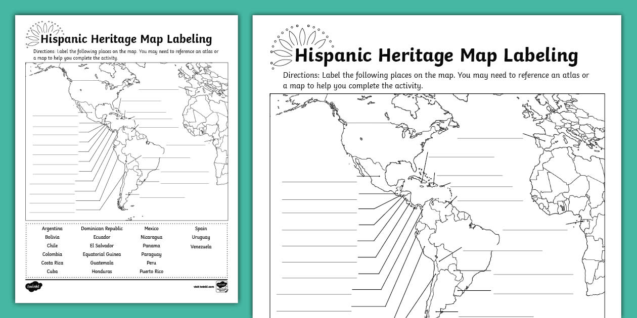 Hispanic Heritage Map Labeling Worksheet for 6th-8th Grade