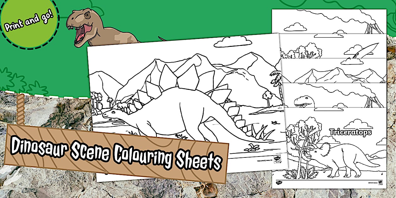 Dinosaur Scene Colouring Sheets - Twinkl