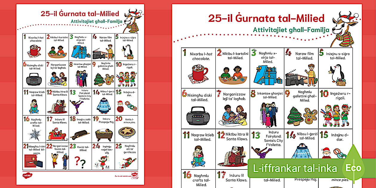Kalendarju: Attivitajiet tal-Milied għall-familja - Twinkl