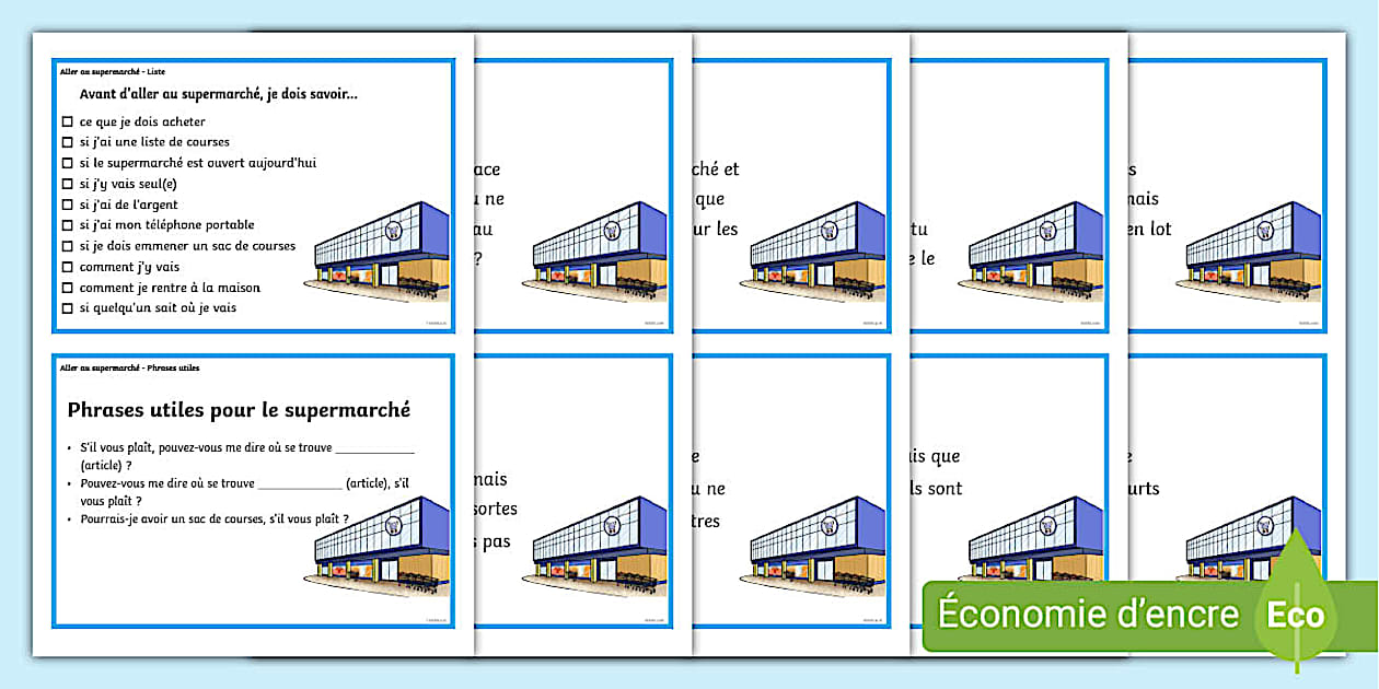 Cartes de mise en situation au supermarché