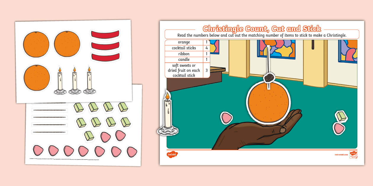 👉 Christingle Count, Cut and Stick Worksheet - Twinkl