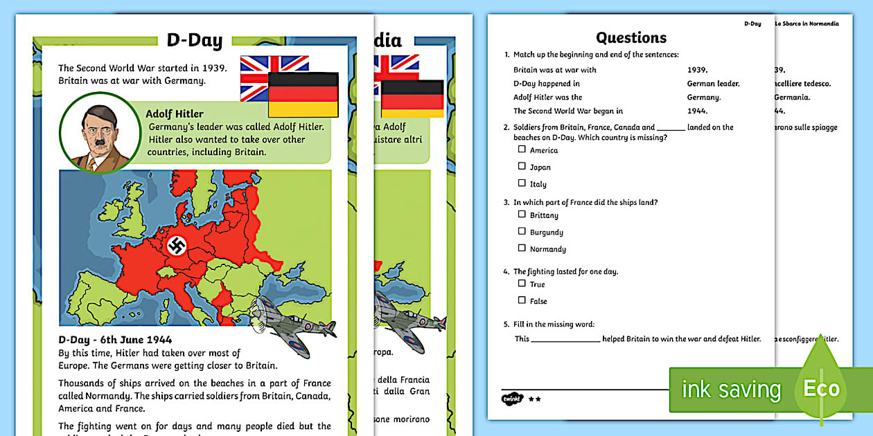 D-Day Differentiated Reading Comprehension Activity English/Italian