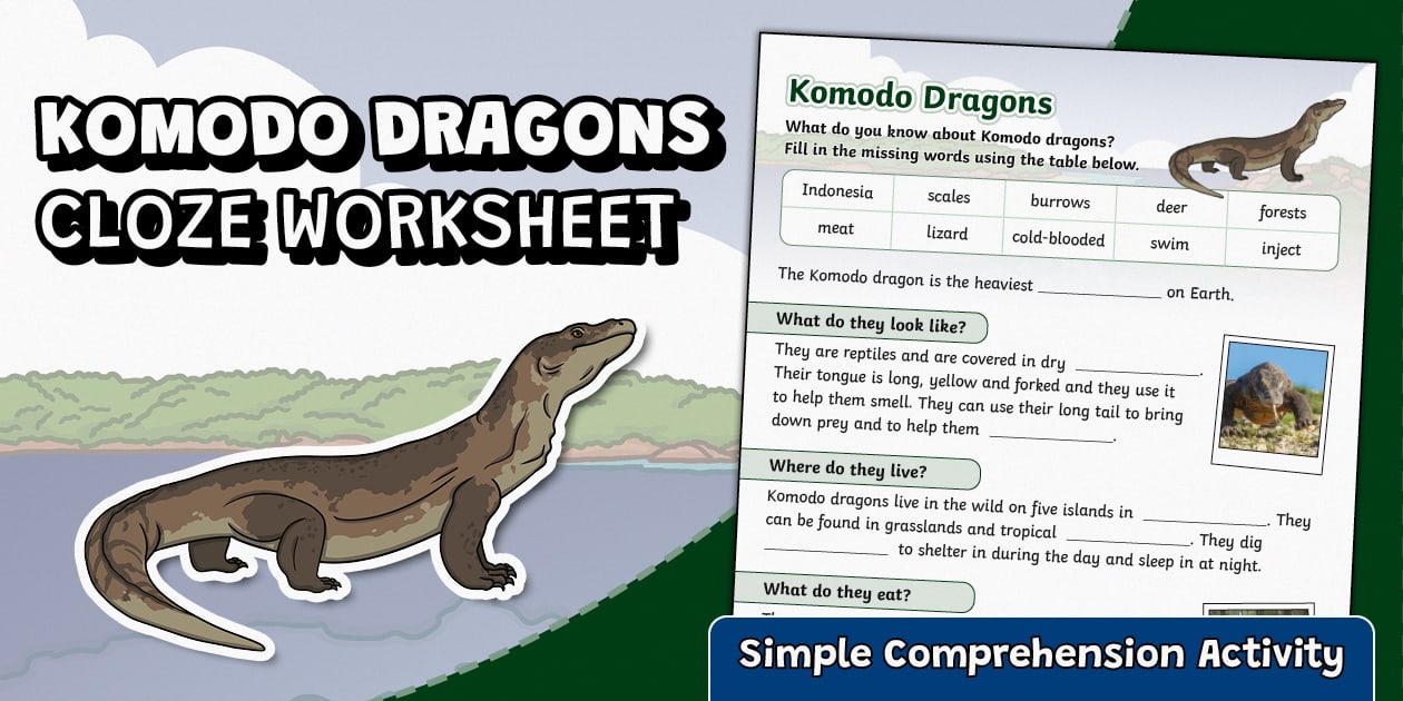 Komodo Dragon Cloze Worksheet - Twinkl - KS1