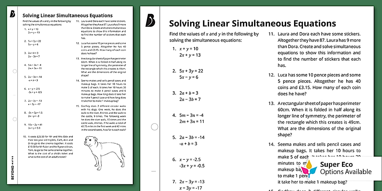Solving Linear Simultaneous Equations Worksheet - Twinkl