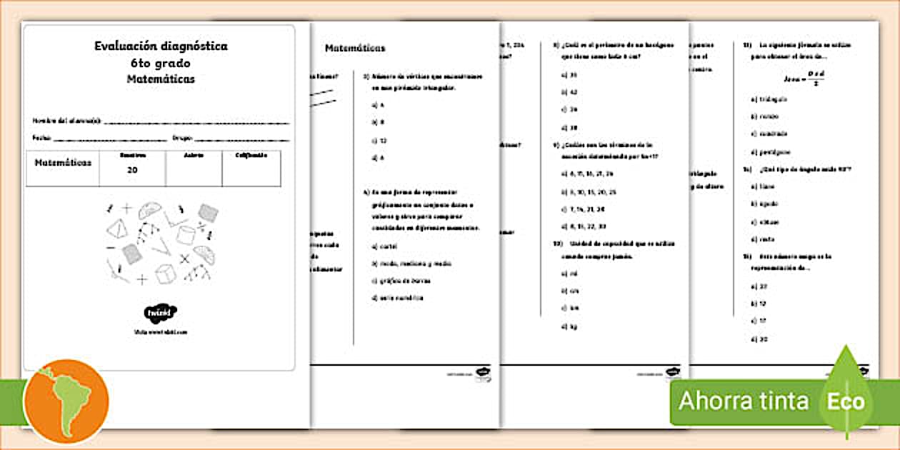 Examen diagnóstico: 6to grado Matemáticas