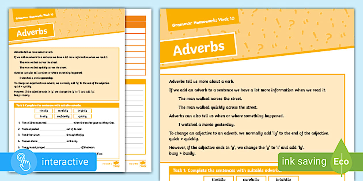 Grammar Homework Week Ten Adverbs 3rd/4th Class - Twinkl