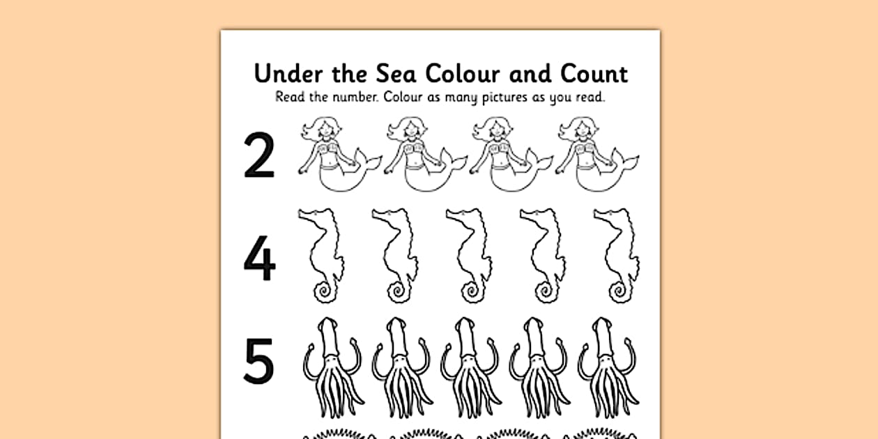 Under the Sea Themed Count and Colour Sheet (teacher made)