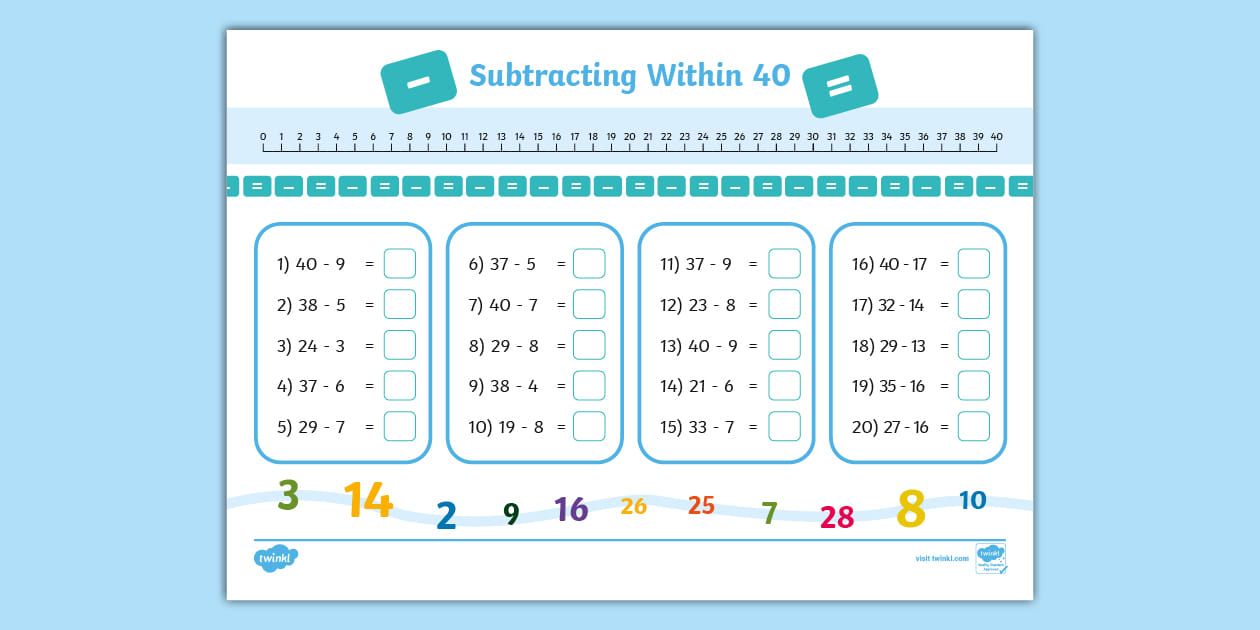 👉 Subtraction Within 40 Worksheet (teacher made) - Twinkl