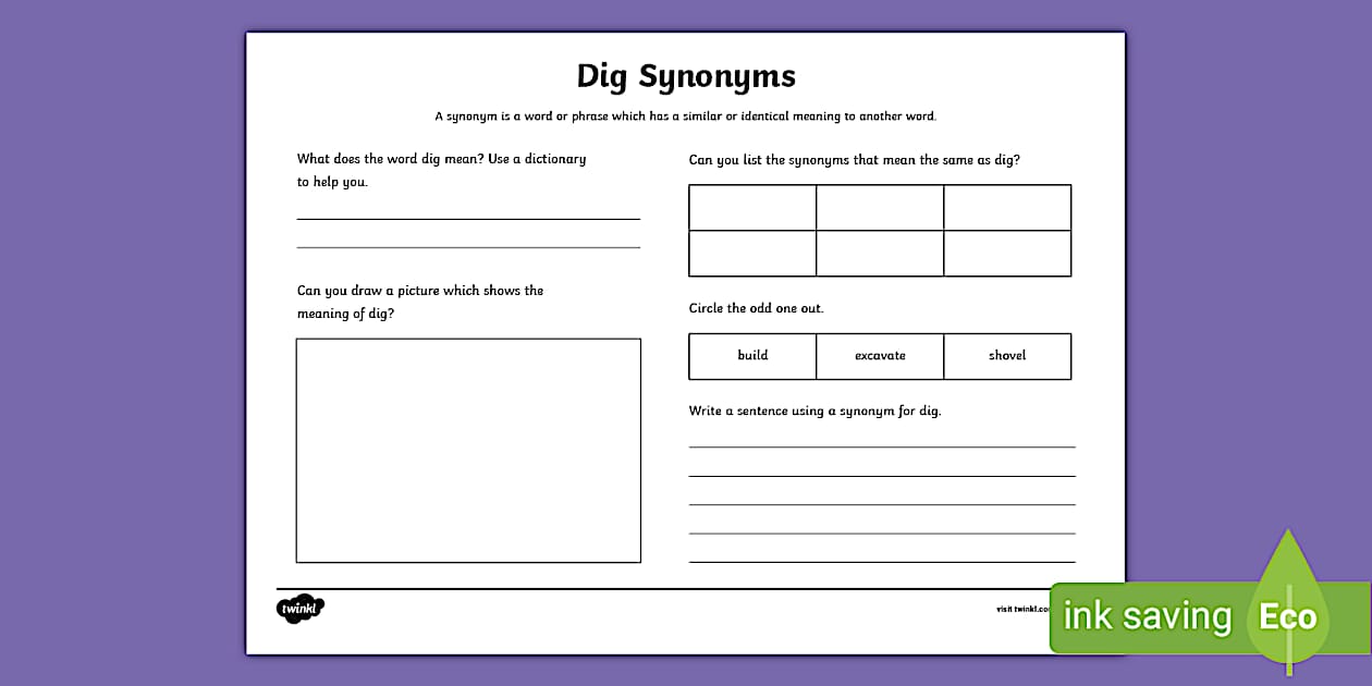 Dig Synonyms Worksheet (Teacher-Made) - Twinkl