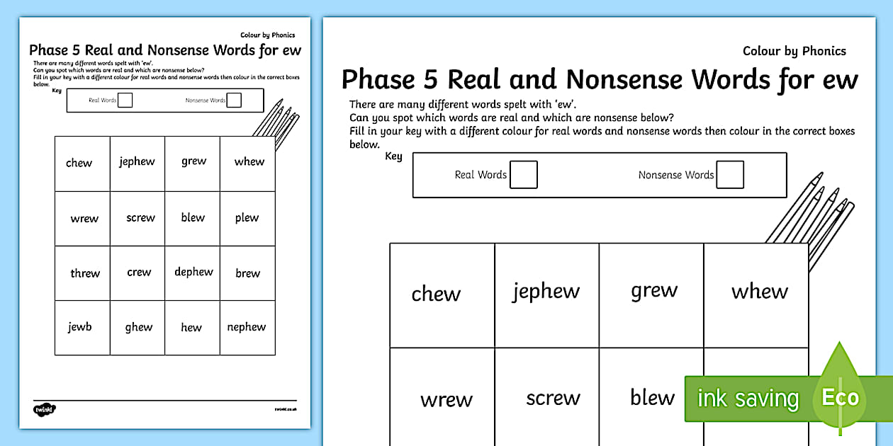 Dyslexic Phase 5 'ew' Colour by Phoneme Real and Nonsense Words