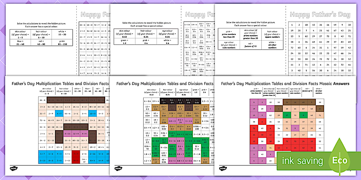 Fathers Day Multiplication and Division Maths Mosaic Cards