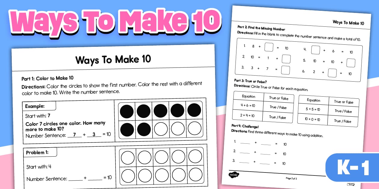 Ways To Make 10 Worksheet for K-1st Grade