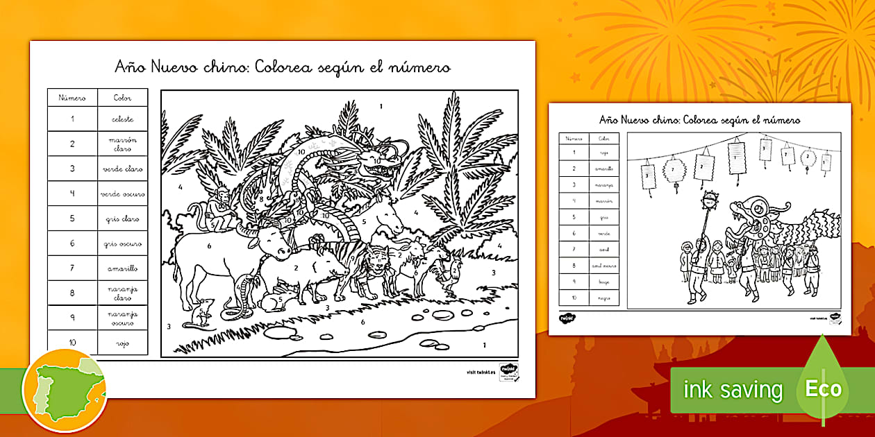 Hojas de colorear: Colorea los animales del zodiaco chino según el número