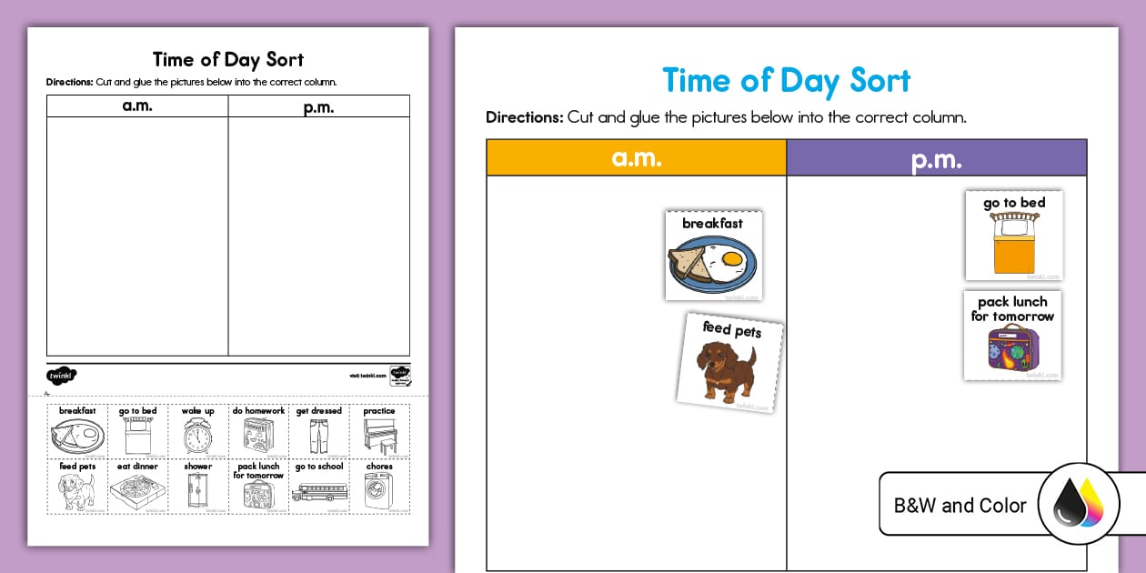 First Grade Time of Day a.m. or p.m. Sort Cut and Paste