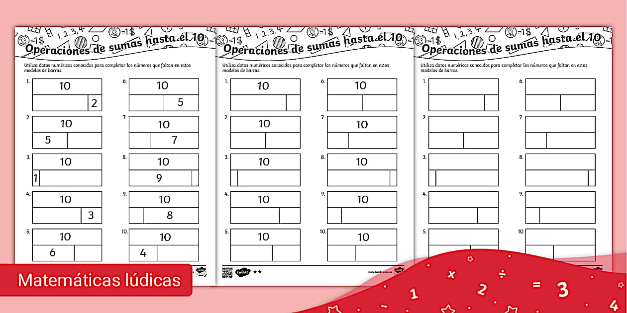 Sumas hasta el 10 - ejercicios con barras (teacher made)