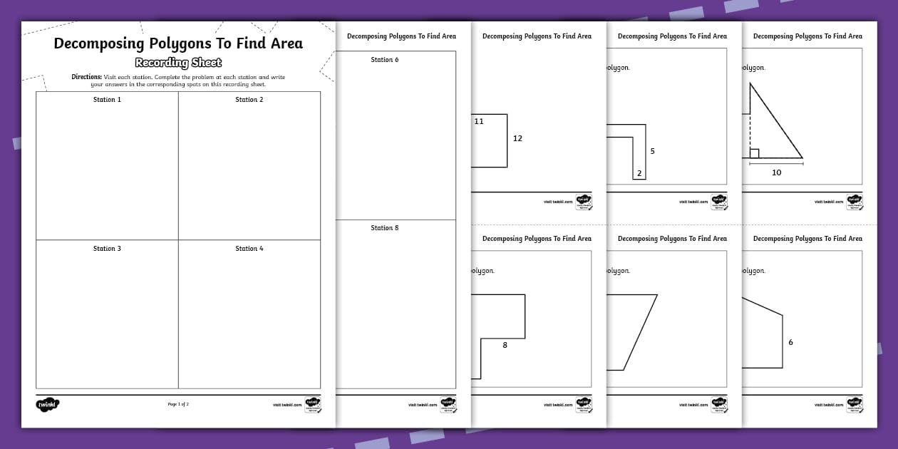 Sixth Grade Decomposing Polygons to Find Area Math Stations Worksheet