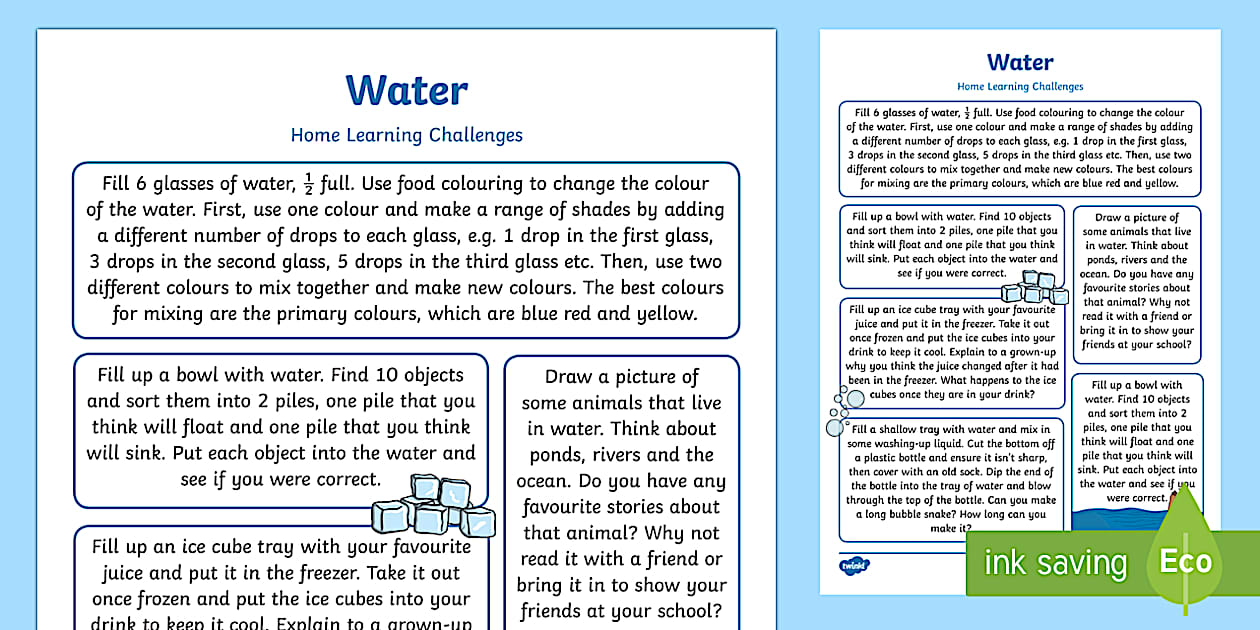 EYFS Water Home Learning Challenges Reception FS2 - Twinkl