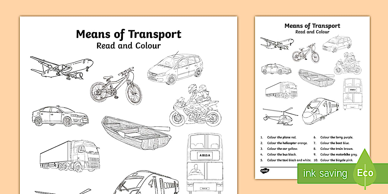 A1 Ficha de actividad: Lee y colorea - Medios de transporte en inglés