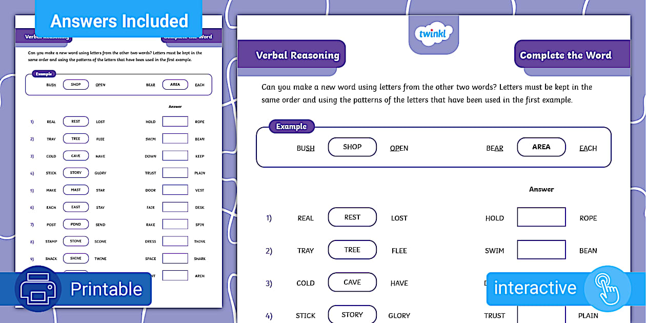 Verbal Reasoning - Complete the Word - Twinkl Puzzled