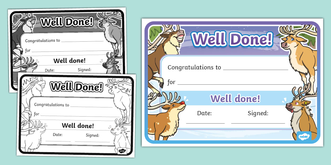 Reindeer-Themed Well Done Certificate (teacher made)