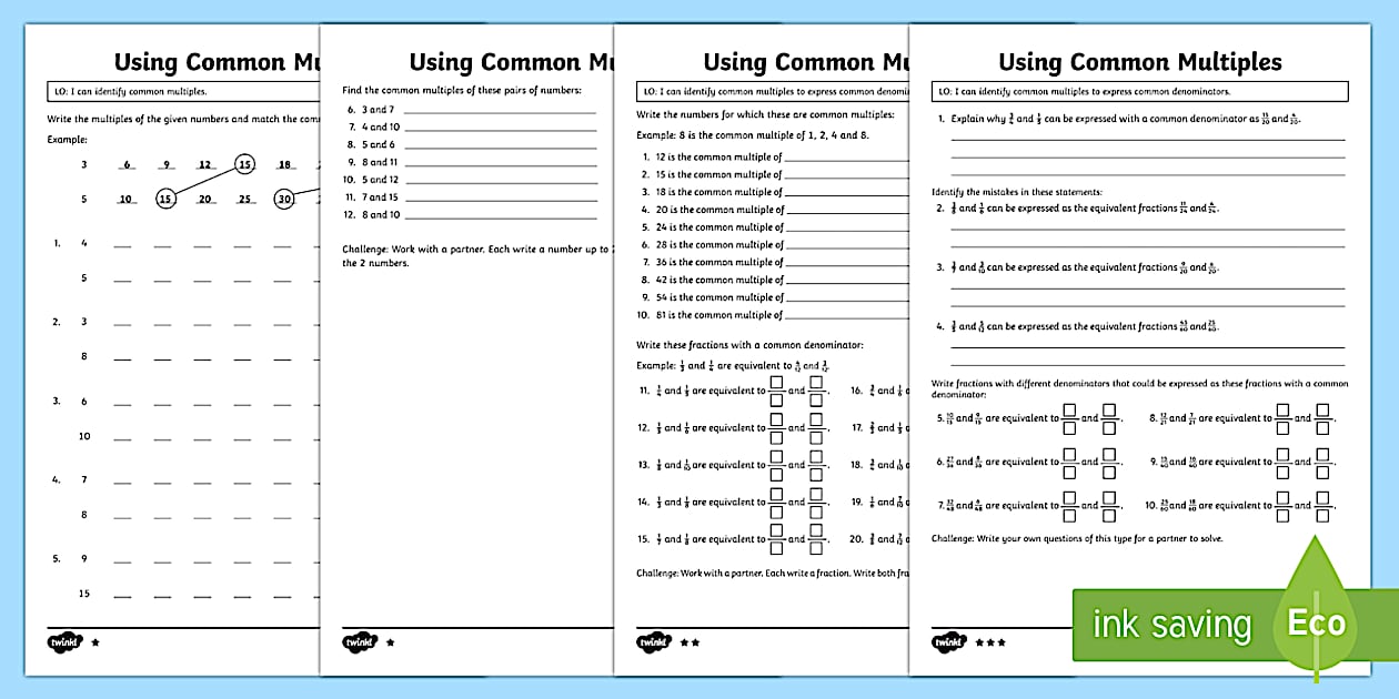 Higher Ability Year 6 Lowest Common Denominator Differentiated Worksheets