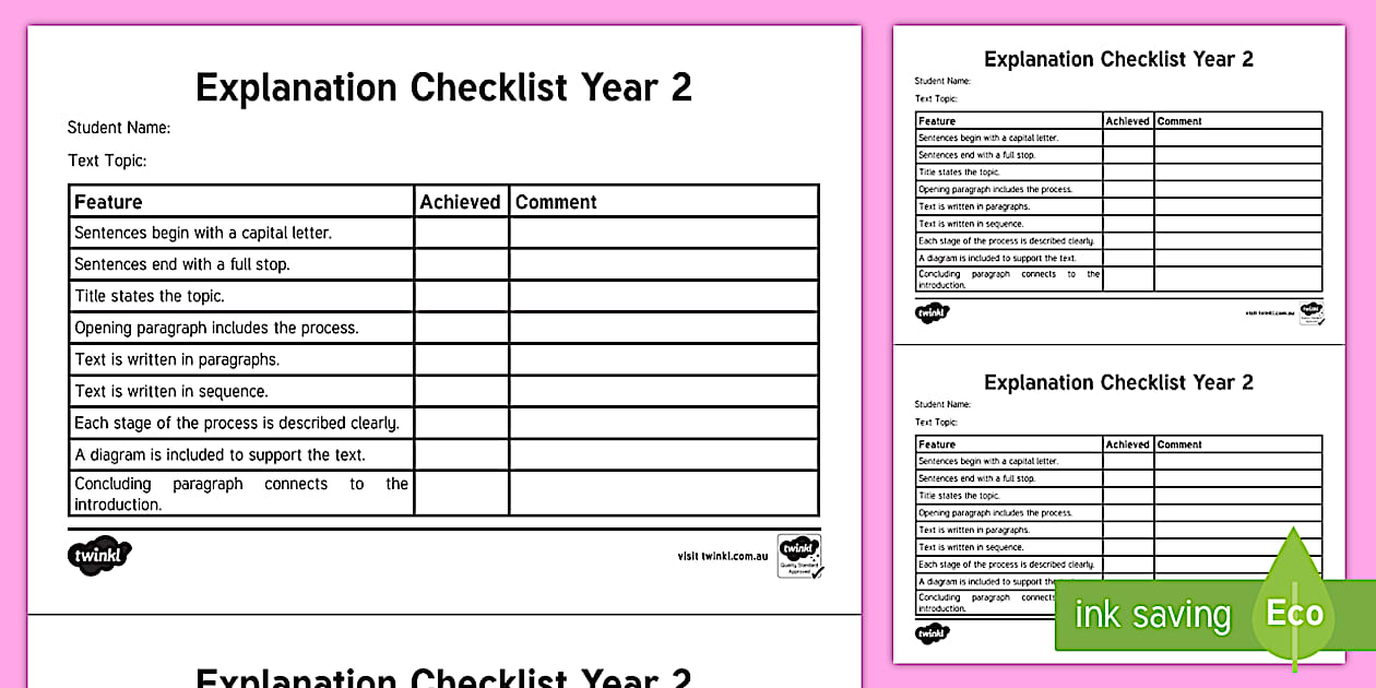 Editable Year 2 Explanation Checklist (professor feito)