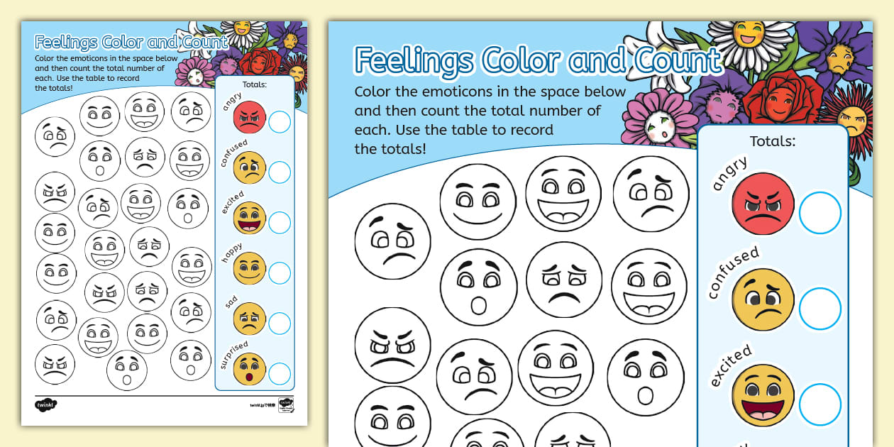 Feelings Color and Count Worksheet (teacher made) - Twinkl