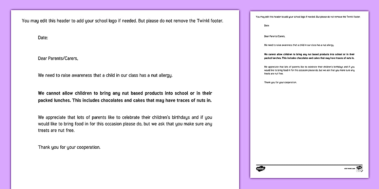 Editable Nut Allergy Letter to Parents Template - Twinkl