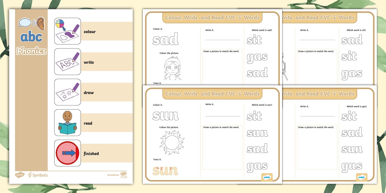 SEND CVC 's' Words Colour, Write and Read (professor feito)