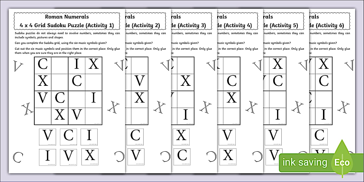 Roman Numerals 4 x 4 Grid Sudoku Puzzles (teacher made)