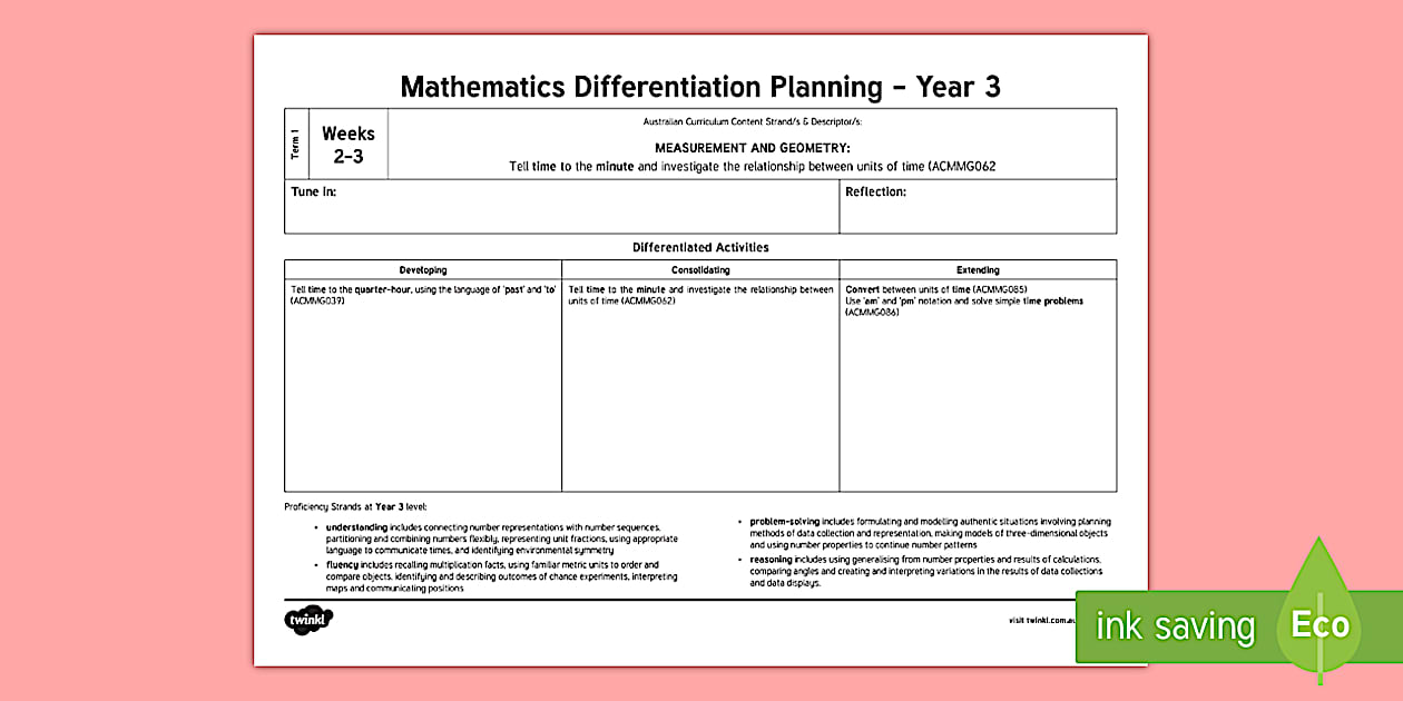 Year 3 Time Mathematics Differentiated Plan