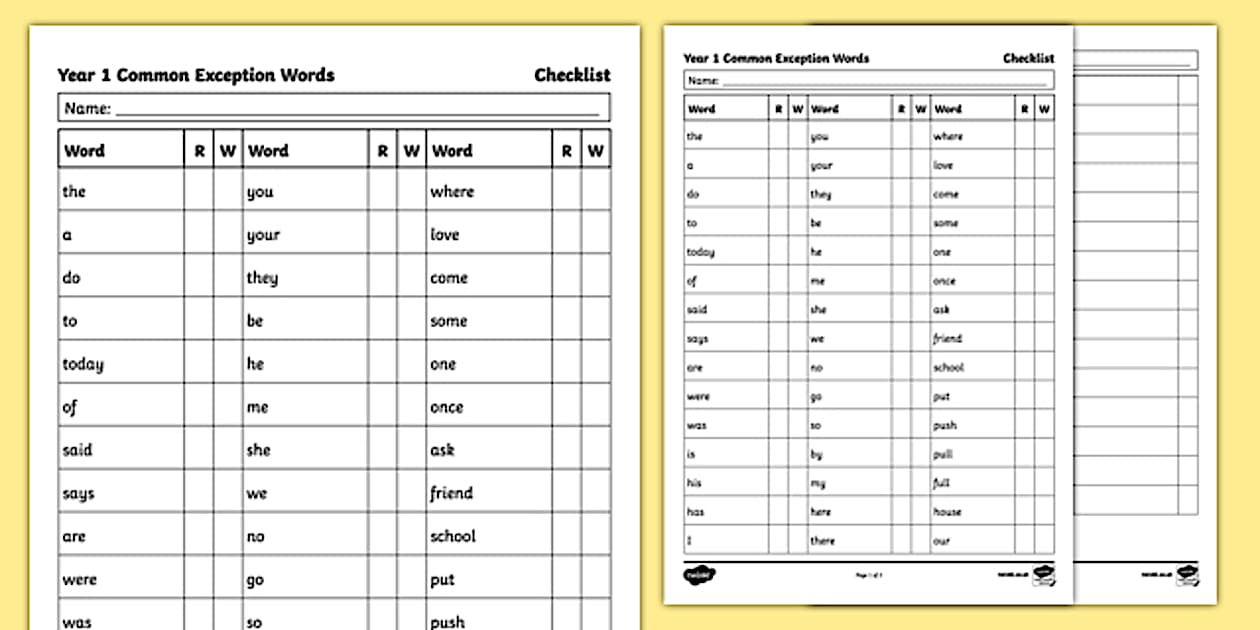 Editable Common Exception Words Assessment Year 1 - Twinkl
