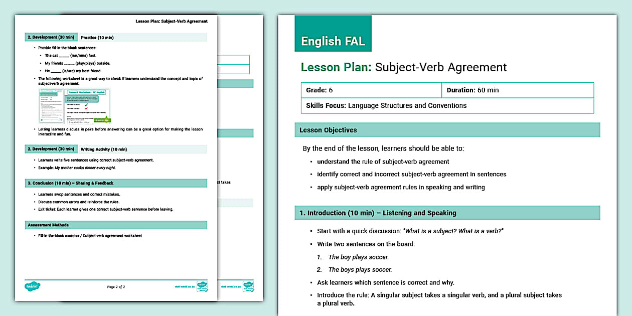 English First Additional Language Lesson Plan | Twinkl ZA