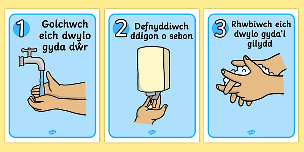 Cursive How To Wash Your Hands Posters Welsh - Twinkl