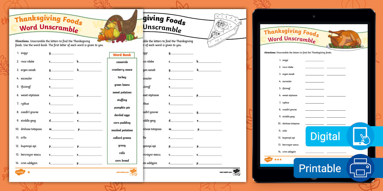 Thanksgiving Foods Word Unscramble for 6th-8th Grade