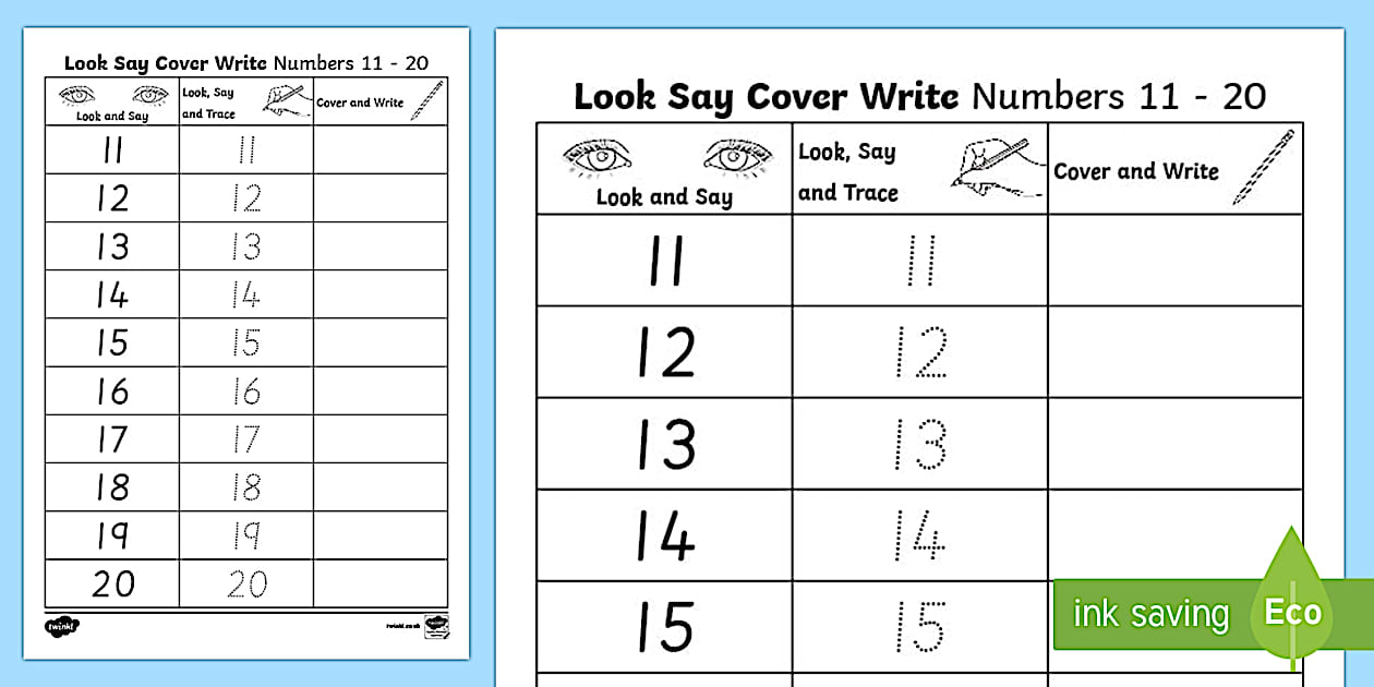 Editable Number Formation 11 to 20 Look, Trace and Write Worksheet