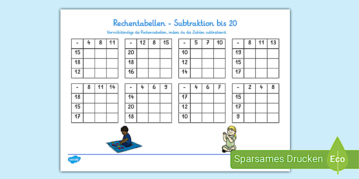Rechnen 1. Klasse: Rechentabellen zur Subtraktion bis 20