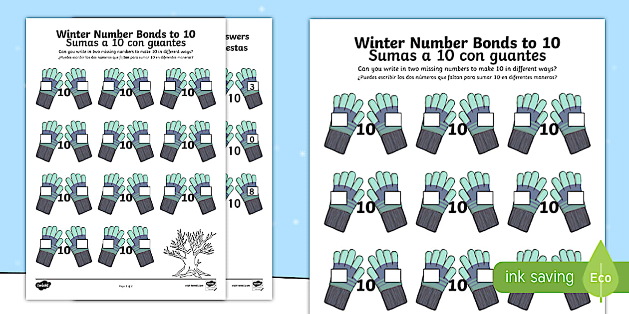Winter Themed Number Bonds to 10 Worksheet / Worksheet English/Spanish