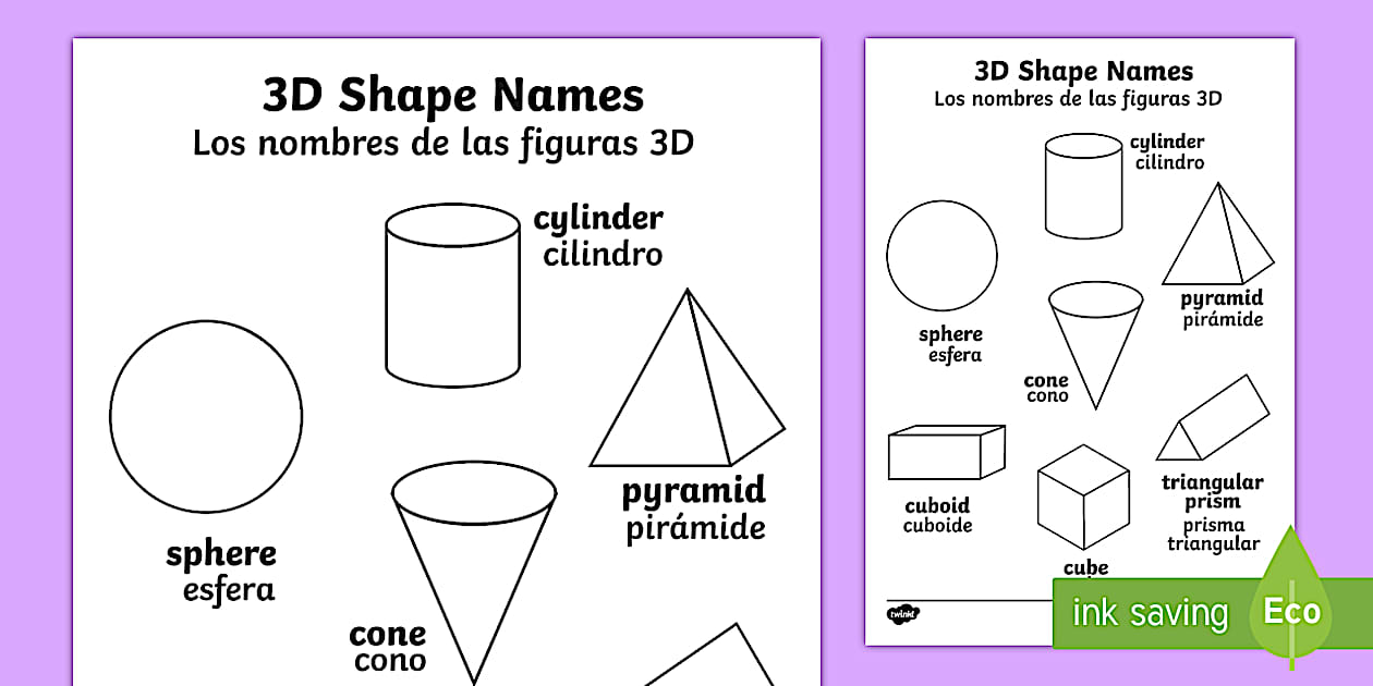 3D Shape Words Colouring Sheet English/Spanish - Twinkl