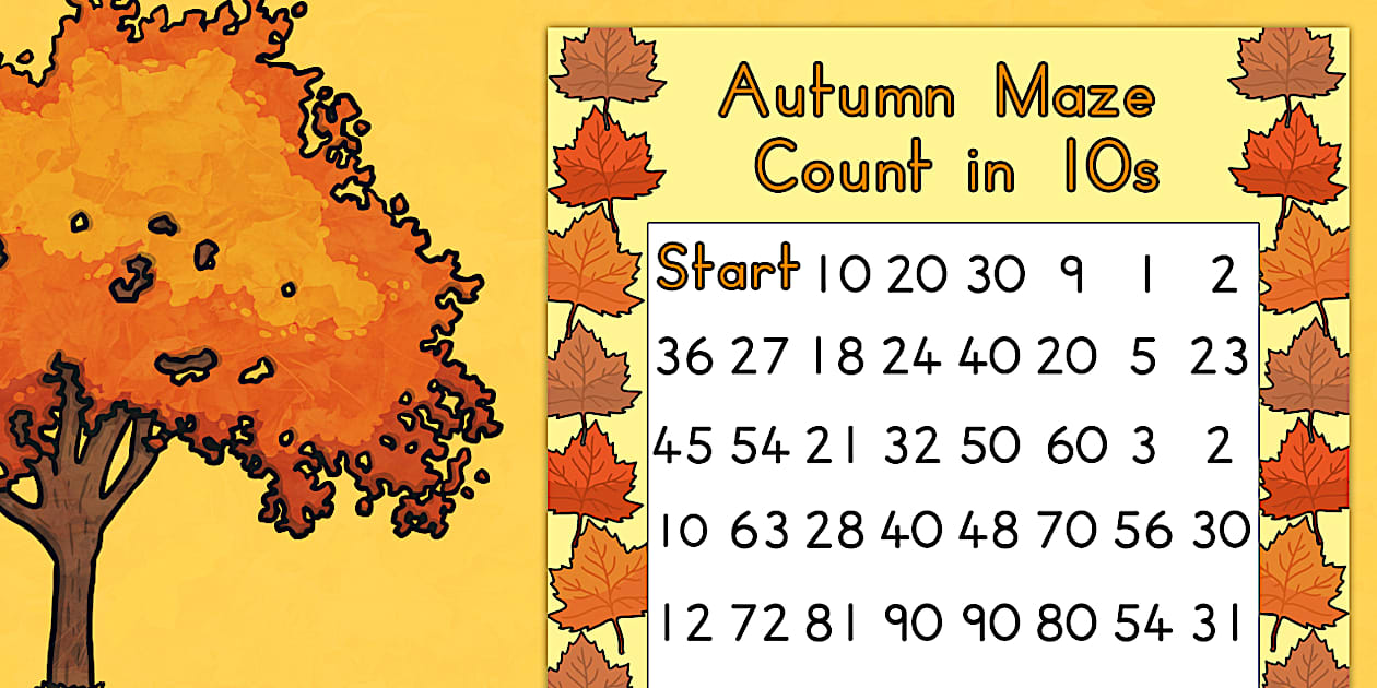 Black and White Autumn Counting in 10s Maze Worksheet