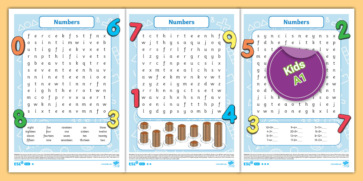ESL Numbers Differentiated Word Search [Kids, A1] - Twinkl