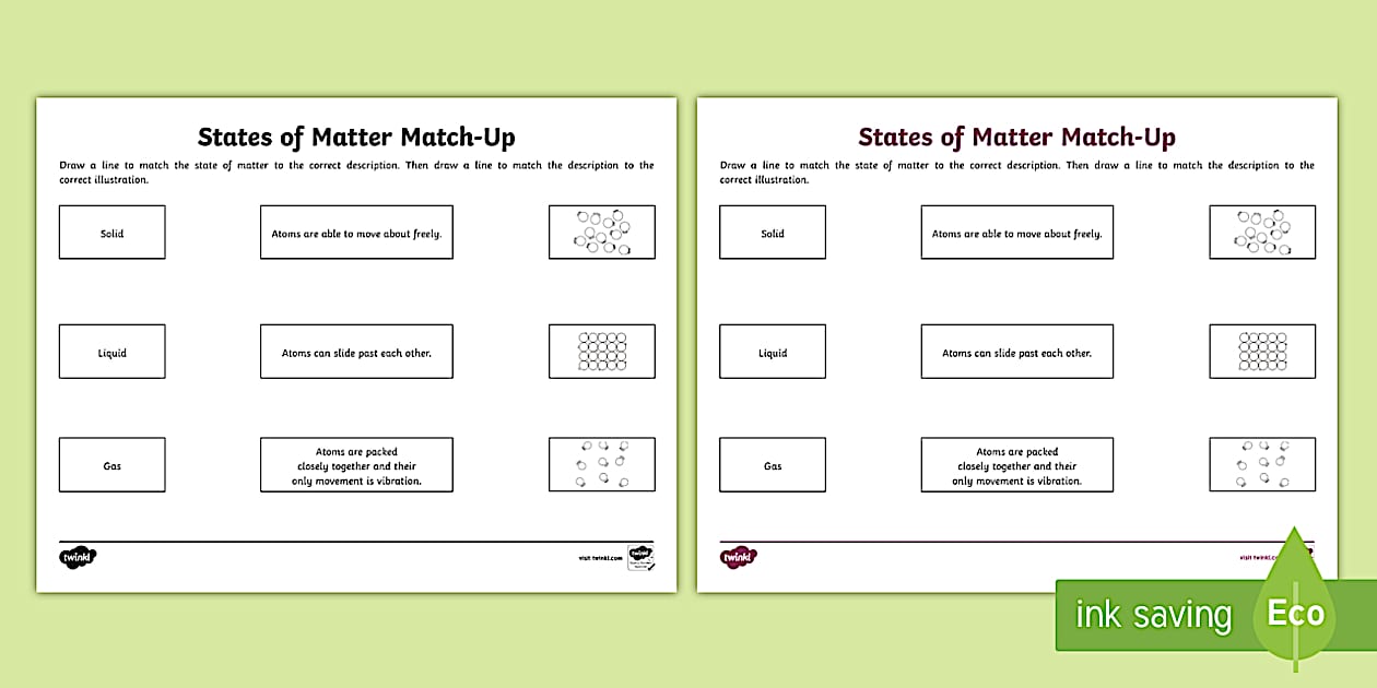 States of Matter Match-Up Worksheet for 3rd-5th Grade