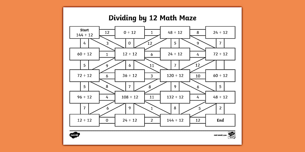 Dividing by 12 Math Maze Worksheet for 3rd-5th Grade