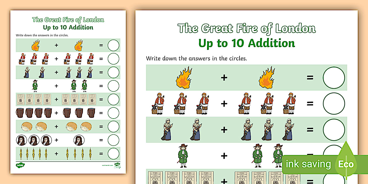 Editable The Great Fire of London Up to 10 Addition Maths Activity Sheet