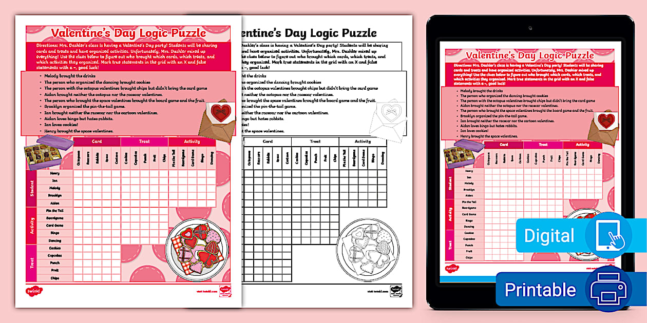 Valentine's Day Logic Puzzle for 6th-8th Grade - Twinkl
