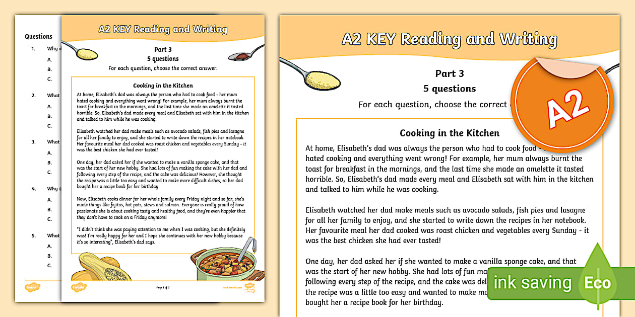 ESL A2 KEY Reading and Writing Part 3 Worksheet (Cooking)