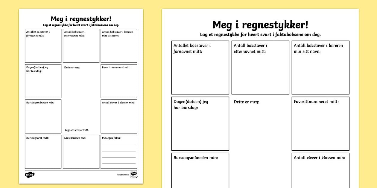 Alt om meg i regnestykker | Arbeidsark (l'enseignant a fait)