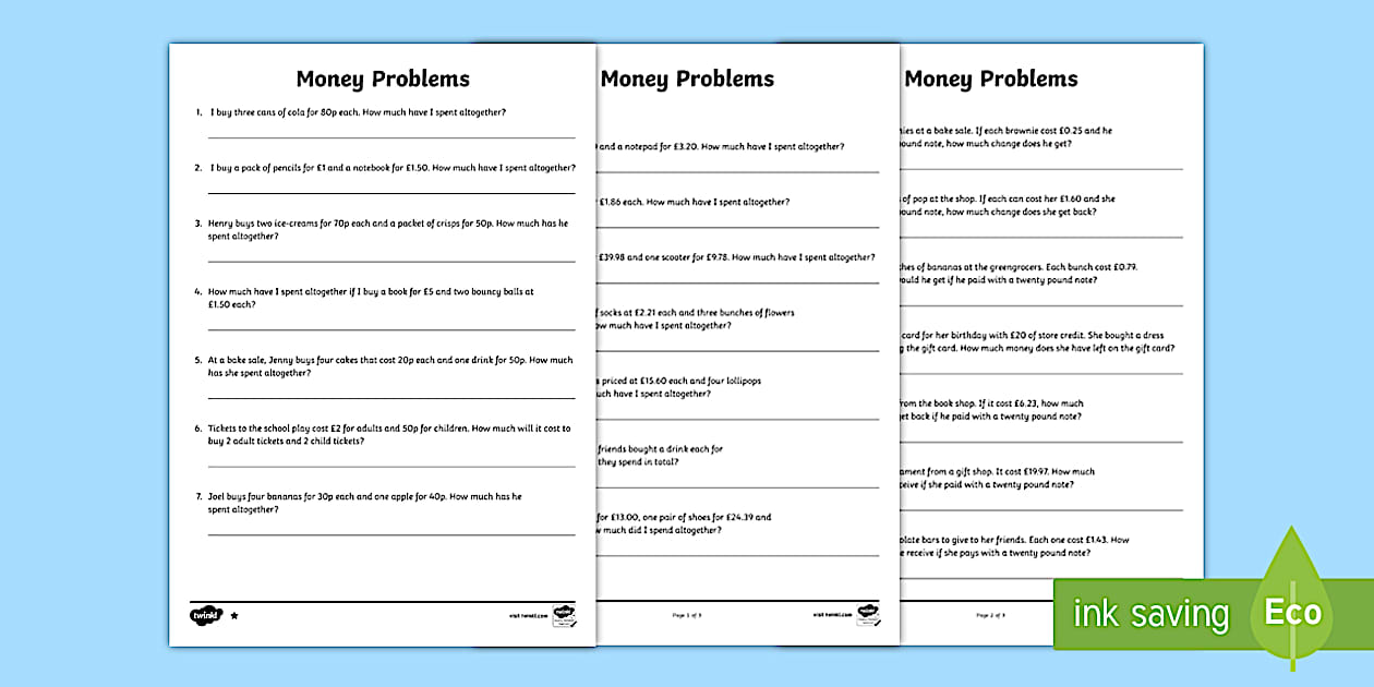 Editable KS2 Maths Money Problems Task - Twinkl